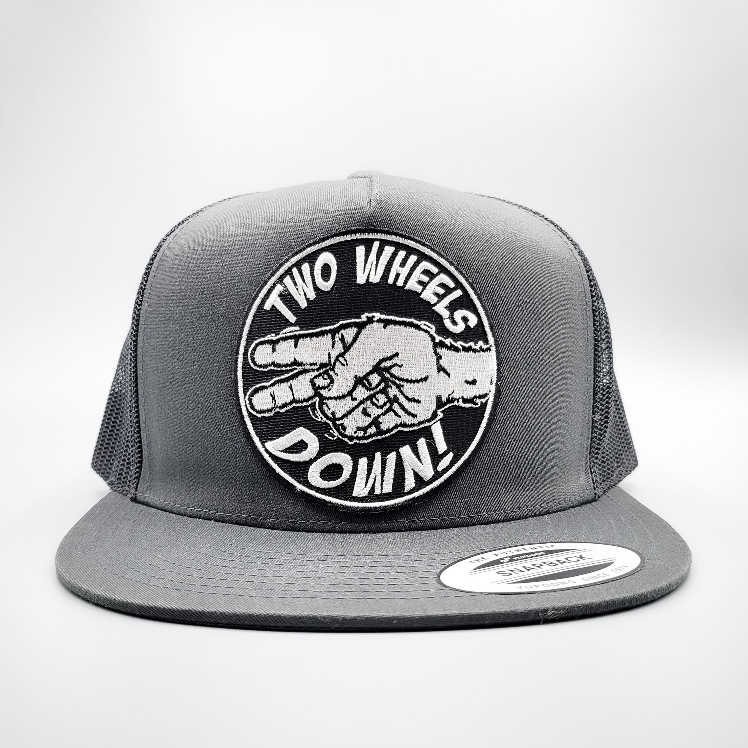 Two Wheels Down Harley Motorcycle Trucker Hat | American Fire Brigade